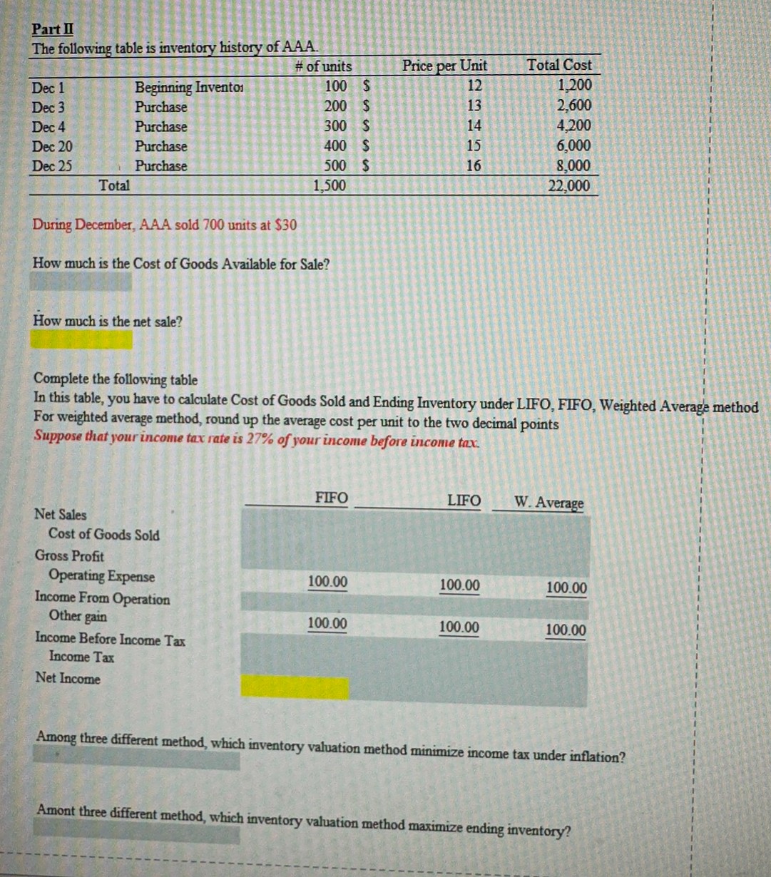 Solved Part IIThe following table is inventory history of | Chegg.com