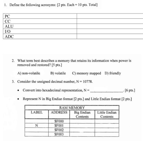 Solved 1. Define the following acronyms: [ 2 pts. Each | Chegg.com