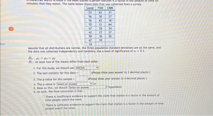 Solved minutes) that they watch. The table below shows data | Chegg.com