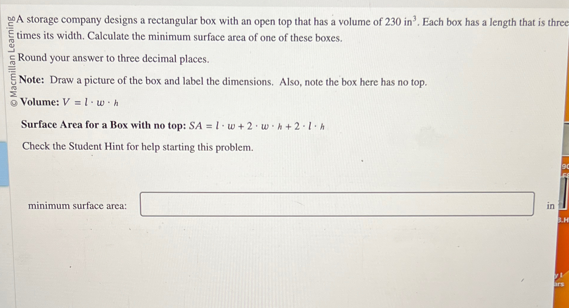 Solved times its width. Calculate the minimum surface area | Chegg.com