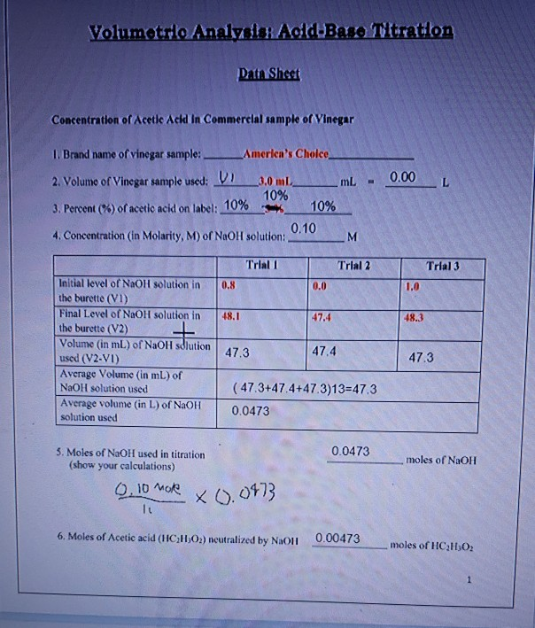 Solved 7. Molarity of acetic acid, HC:HO, in vinegar sample | Chegg.com