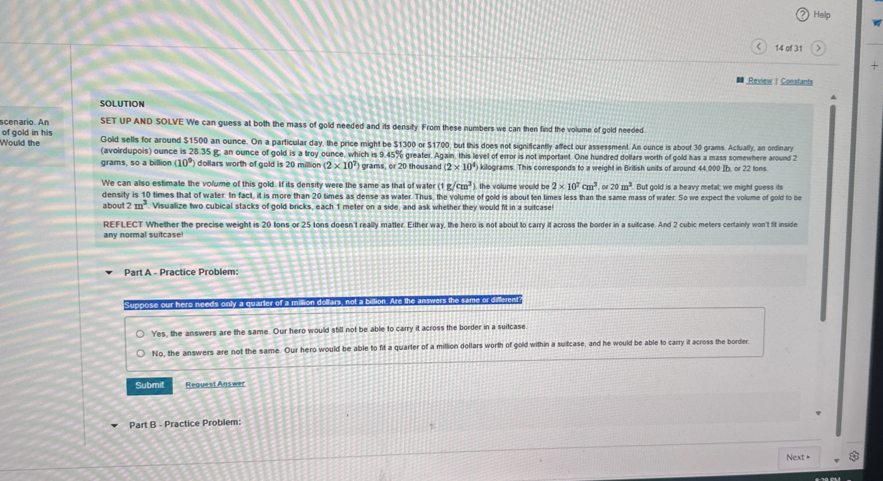 Solved Help14 ﻿of 31ReviewConstantsscenario. Anof gold in | Chegg.com