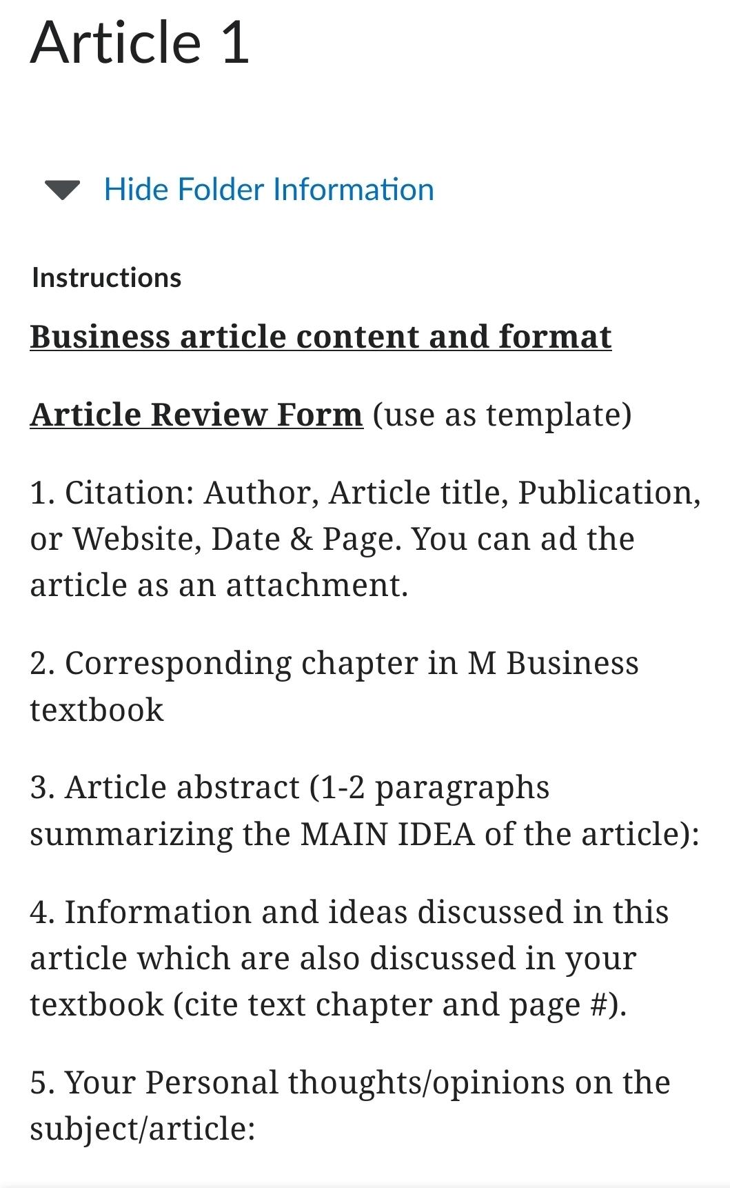 Solved Article 1Hide Folder InformationInstructionsBusiness | Chegg.com