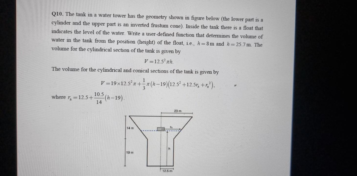 Solved Q10. The tank in a water tower has the geometry shown | Chegg.com