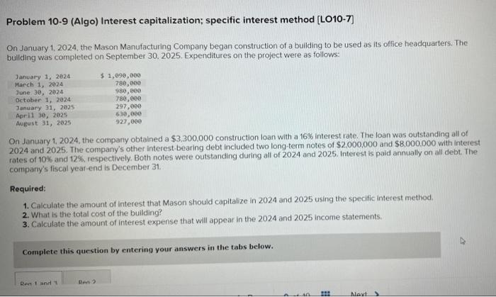 Solved Problem 10.9 (Algo) Interest capitalization; specific | Chegg.com