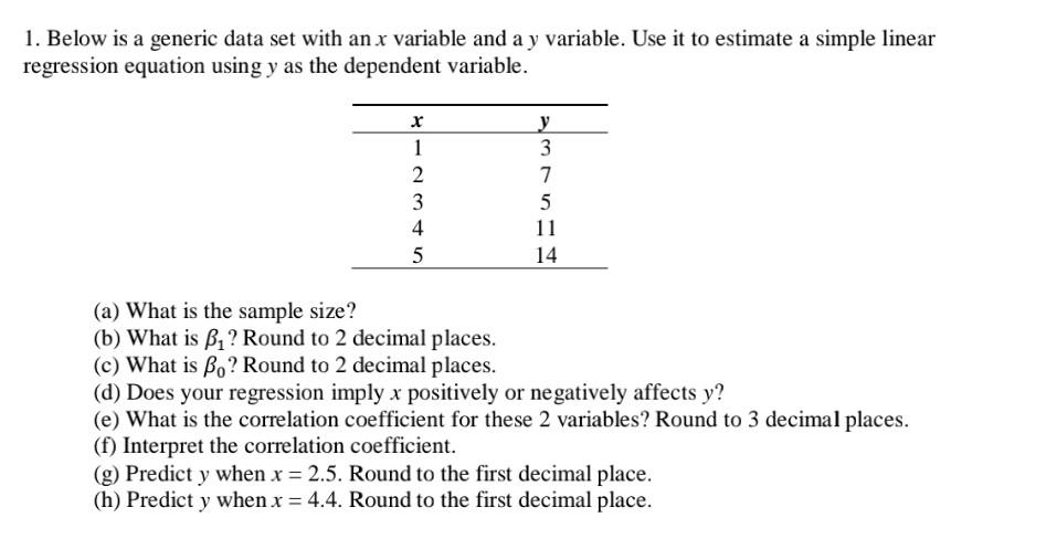 Solved Below is a generic data set with an x variable and a | Chegg.com