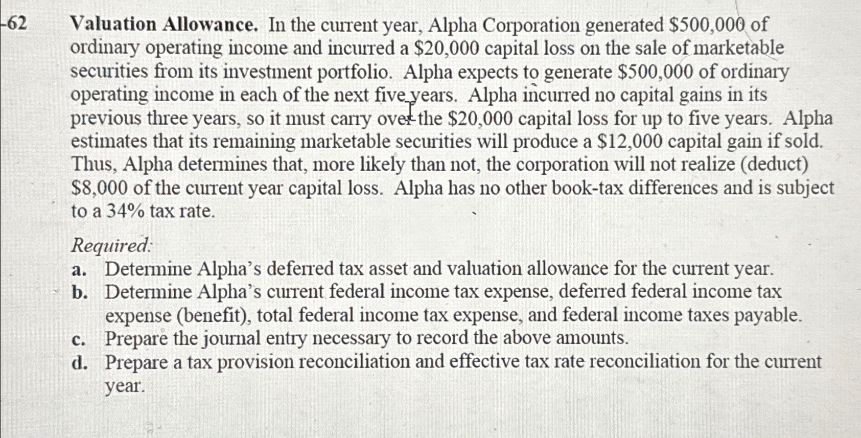 Solved -62 ﻿Valuation Allowance. In the current year, Alpha | Chegg.com