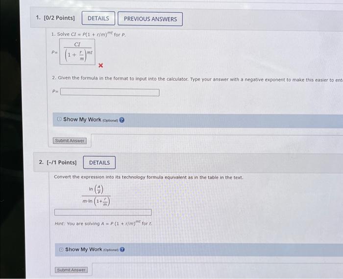 Solved 1. [0/2 Points] P= 1. Solve CI = P(1 + r/m)mt for P. | Chegg.com