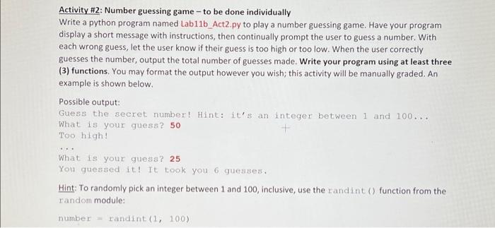 Solved Activity #2: Number guessing game - to be done | Chegg.com