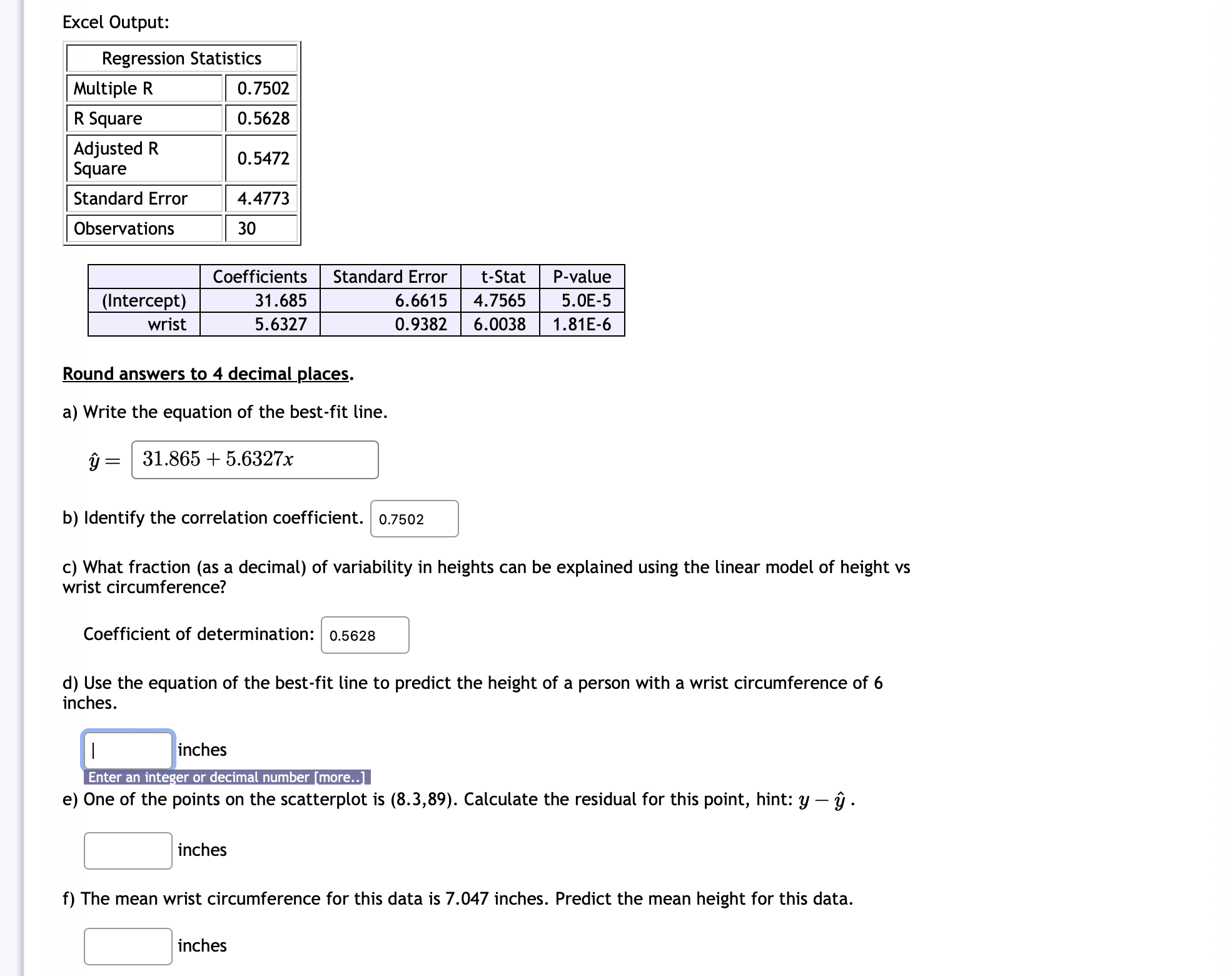 Solved Excel Output:Round answers to 4 ﻿decimal places.a) | Chegg.com