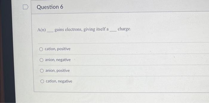 Solved A(n) gains electrons, giving itself a charge: cation, | Chegg.com