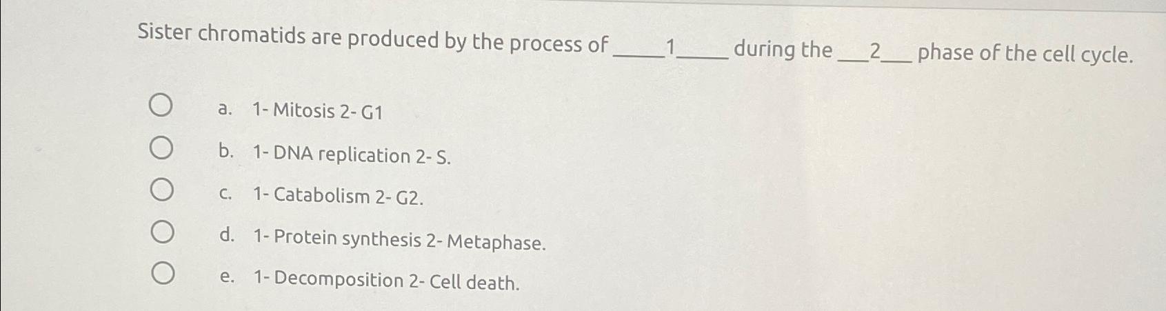 Solved Sister chromatids are produced by the process of | Chegg.com