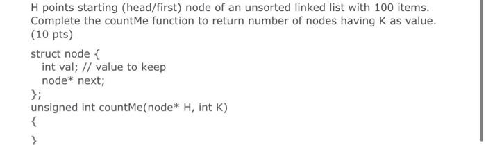Solved H points starting (head/first) node of an unsorted | Chegg.com
