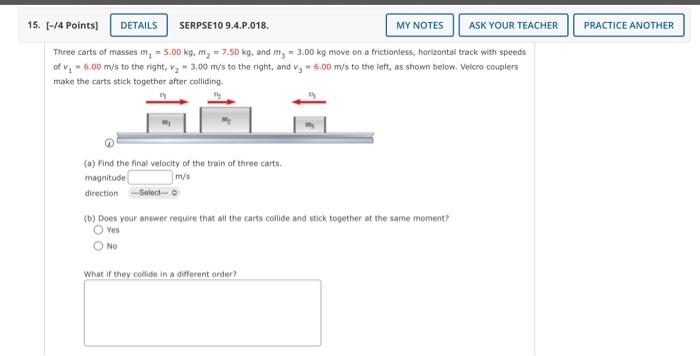 Solved Three carts of masses m1=5.00 kg,m2=7.50 kg, and | Chegg.com