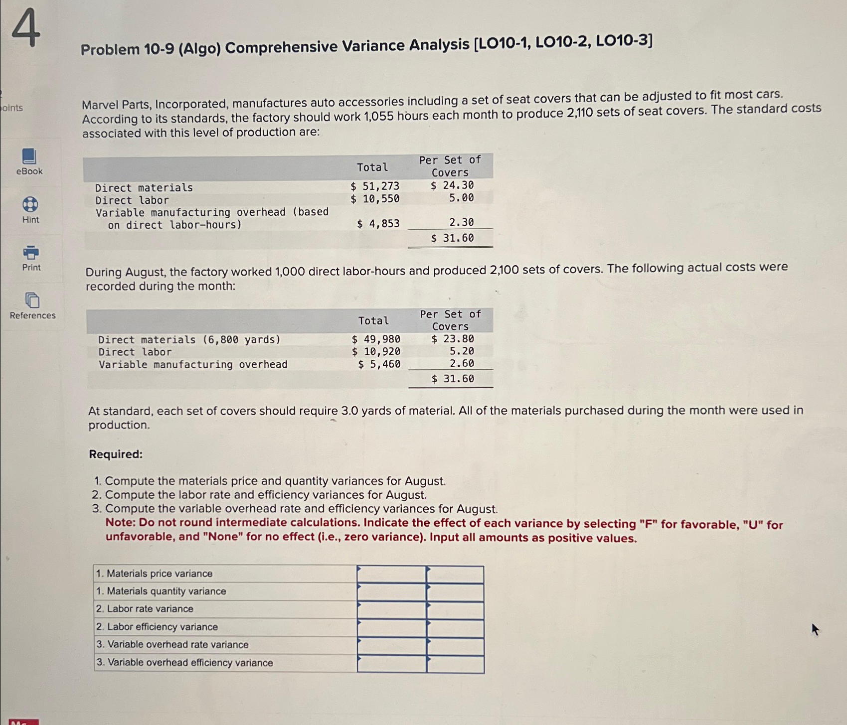 Solved 4Problem 10-9 (Algo) ﻿Comprehensive Variance Analysis | Chegg.com