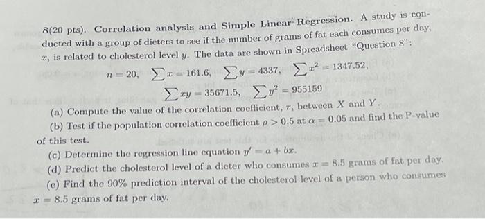 Solved 8(20pts). Correlation analysis and Simple | Chegg.com