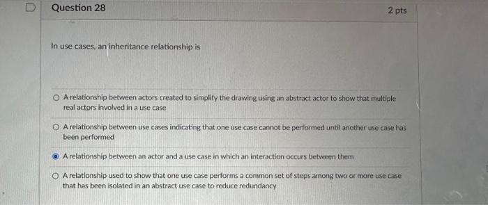 Solved In use cases, an inheritance relationship is A | Chegg.com