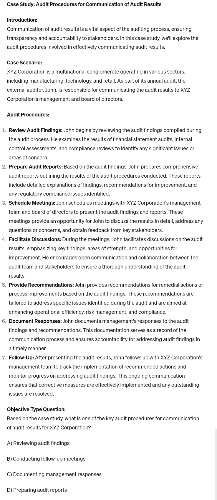 Case Study: Audit Procedures for Communication of | Chegg.com