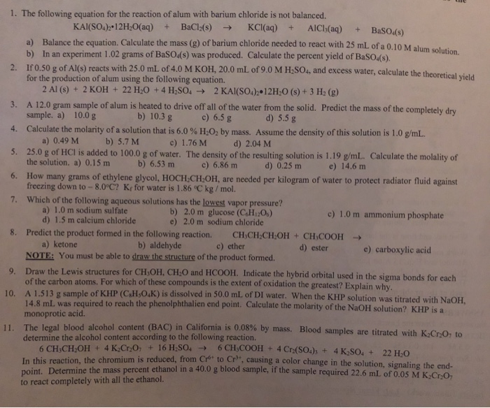 Solved 1. The following equation for the reaction of alum | Chegg.com