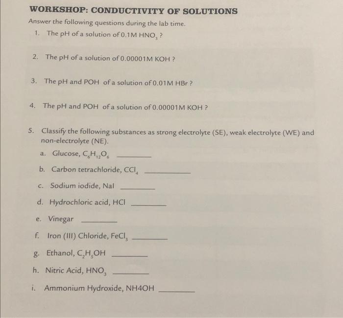 Solved WORKSHOP: CONDUCTIVITY OF SOLUTIONS Answer the | Chegg.com