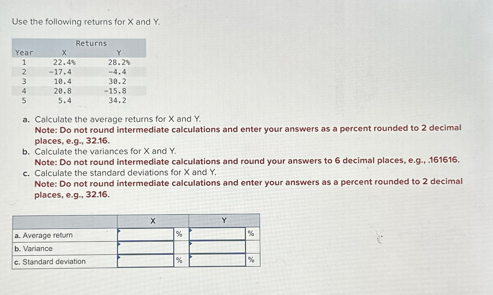 Solved Use the following returns for x ﻿and | Chegg.com