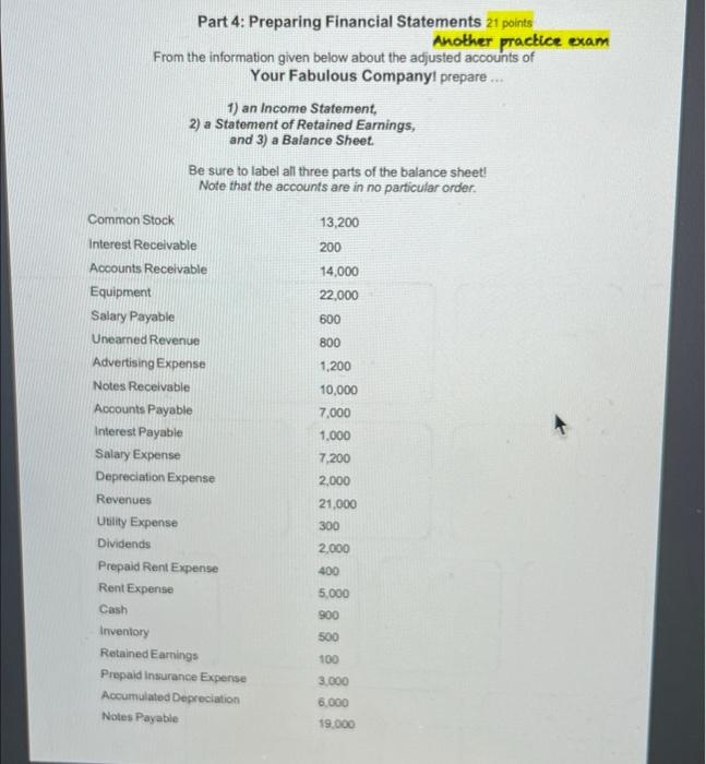 Solved Part 4: Preparing Financial Statements 21 points | Chegg.com