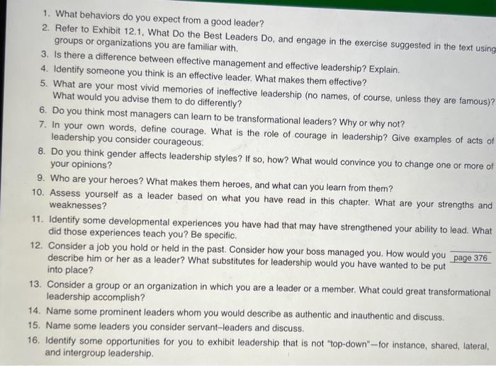 Solved 1. What behaviors do you expect from a good leader? | Chegg.com
