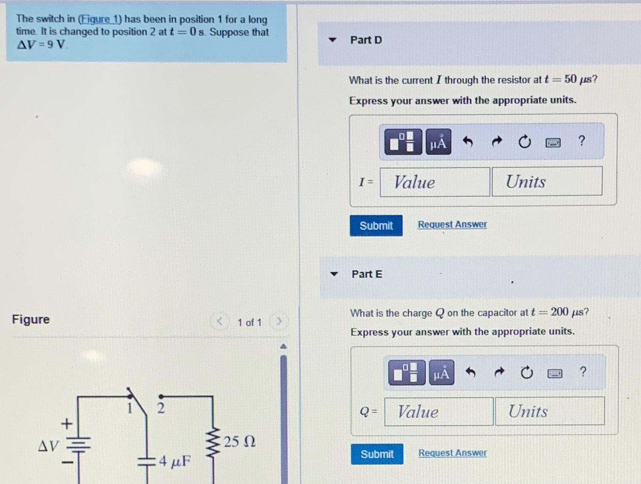 Solved The switch in (Figure 1) ﻿has been in position 1 ﻿for | Chegg.com