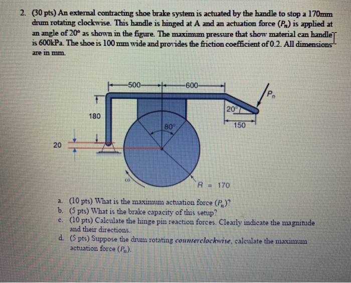 2. (30 pts) An external contracting shoe brake system | Chegg.com