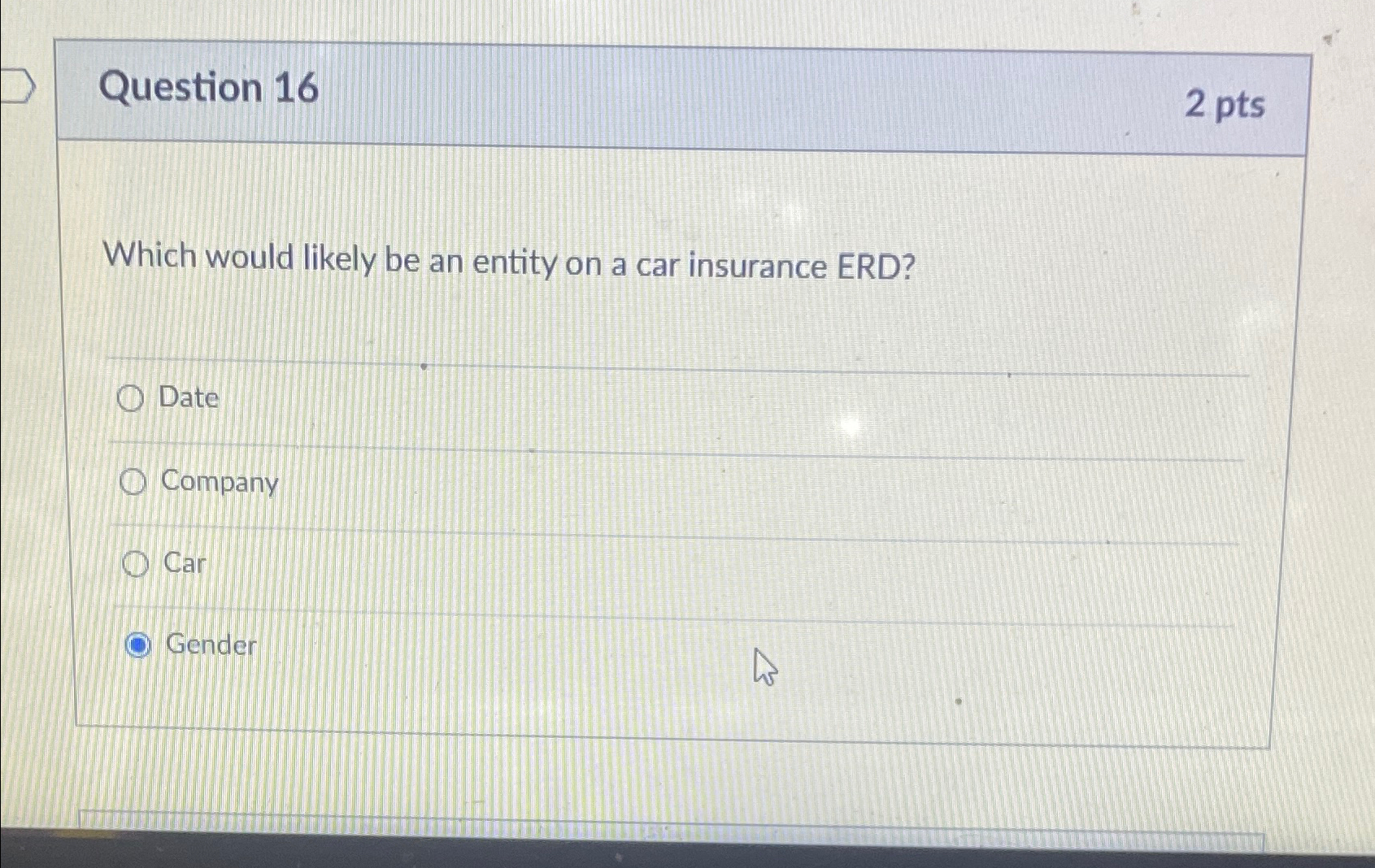 Solved Question 162 ﻿ptsWhich would likely be an entity on a | Chegg.com