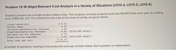 Solved Problem 13-18 (Algo) Relevant Cost Analysis in a | Chegg.com