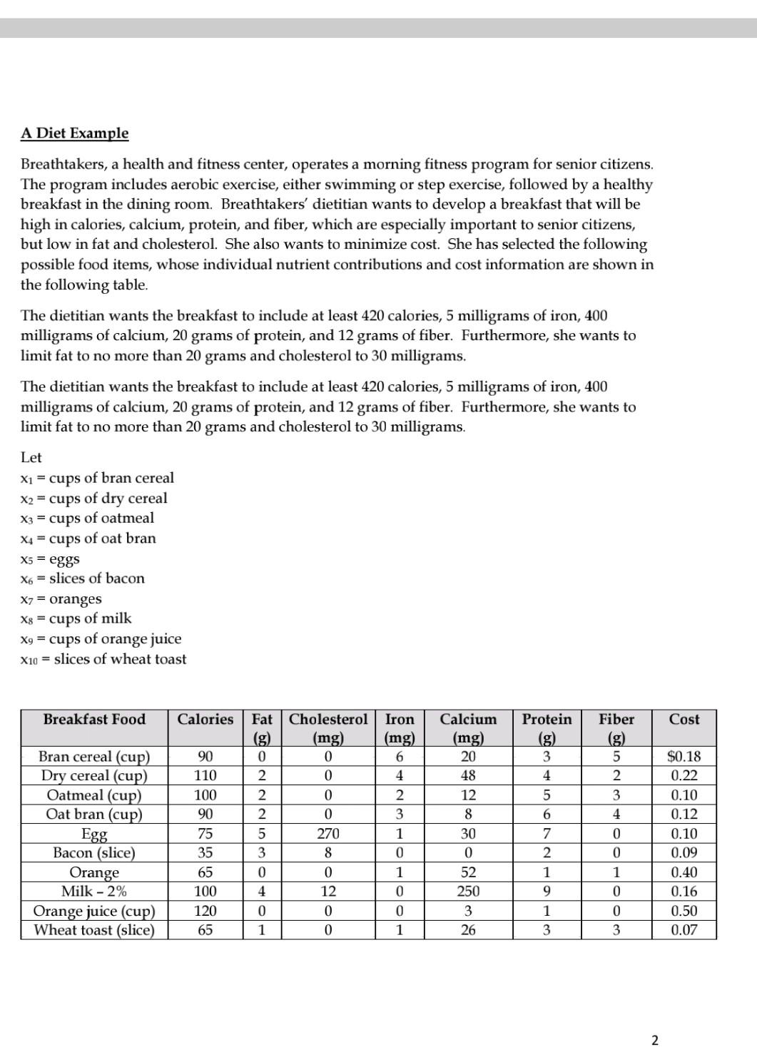 Solved A Diet Example Breathtakers, a health and fitness | Chegg.com
