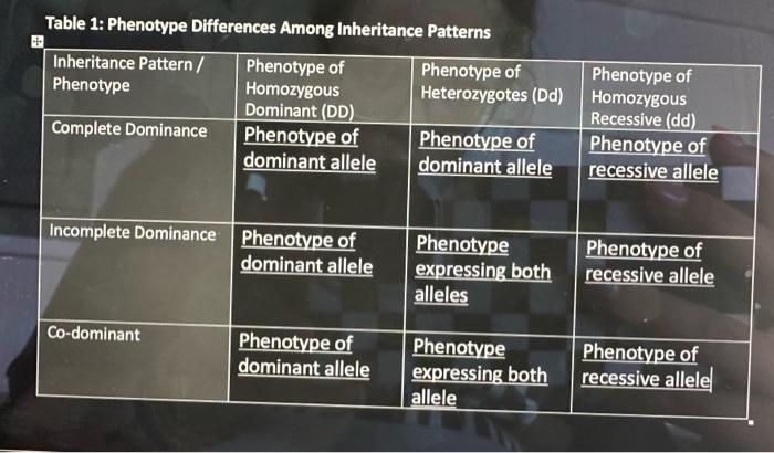 Solved Table 1: Phenotype Differences Among Inheritance | Chegg.com