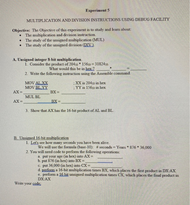 Experiment 5 MULTIPLICATION AND DIVISION INSTRUCTIONS | Chegg.com