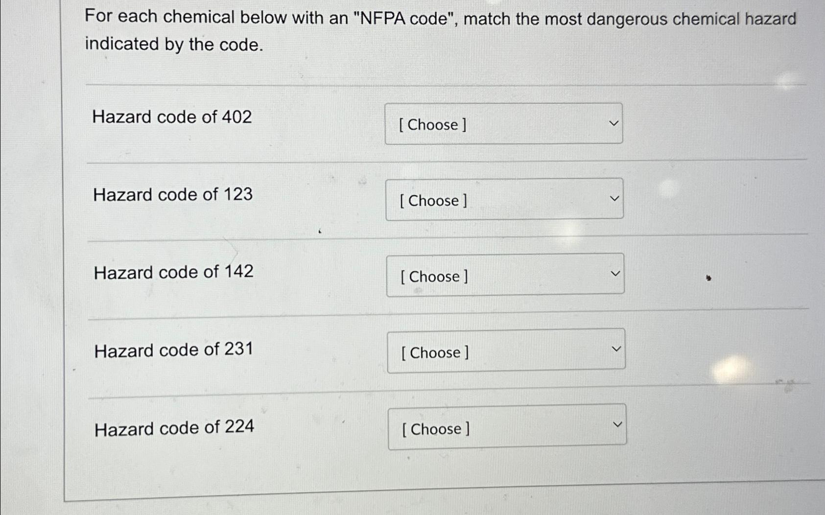 Solved For each chemical below with an "NFPA code", match | Chegg.com