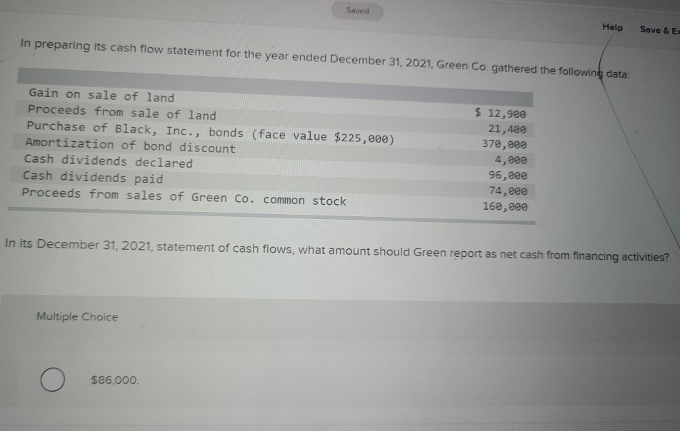 Solved Saved Help Save & E In preparing its cash flow | Chegg.com