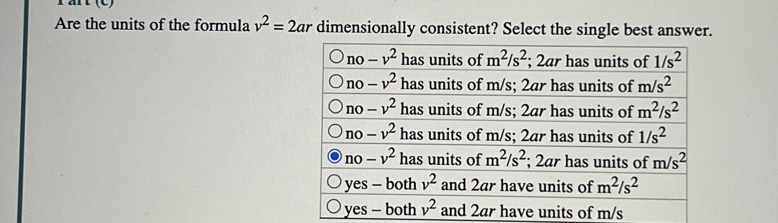 Solved Are the units of the formula v2=2ar ﻿dimensionally | Chegg.com