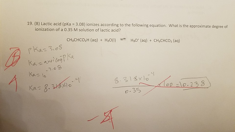 Solved 19. (8) Lactic acid (pKa = 3.08) ionizes according to | Chegg.com