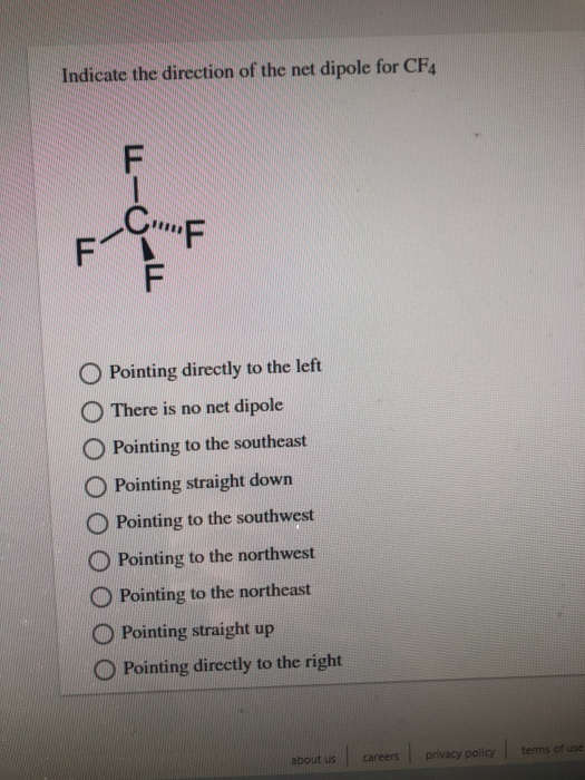 Solved Indicate the direction of the net dipole for CF4 F CF | Chegg.com