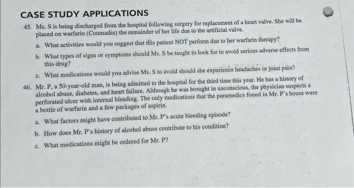 Solved CASE STUDY APPLICATIONS 45. Ms. S is being discharged | Chegg.com