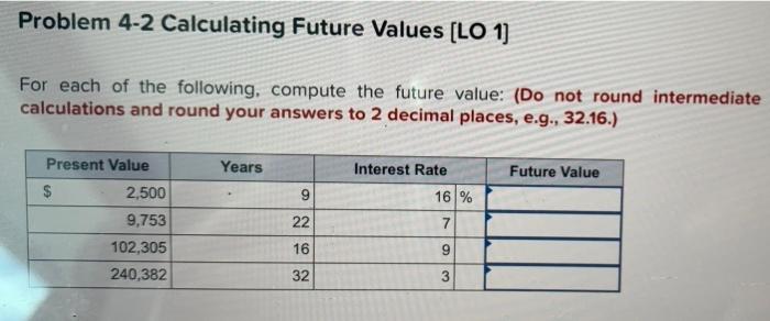 Solved Problem 4-2 Calculating Future Values (LO 1) For each | Chegg.com