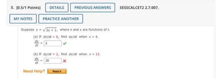 Solved suppose y=2x+1, where x and y are functions of t. (a) | Chegg.com