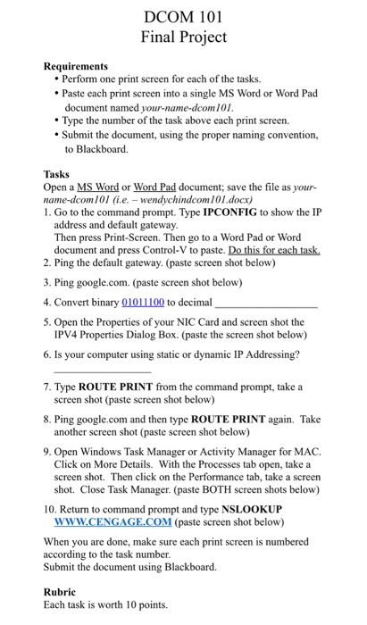 Solved DCOM 101 Final Project Requirements Perform one print | Chegg.com