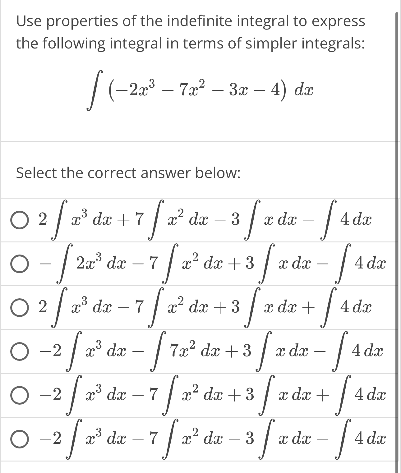 Solved Use properties of the indefinite integral to express | Chegg.com