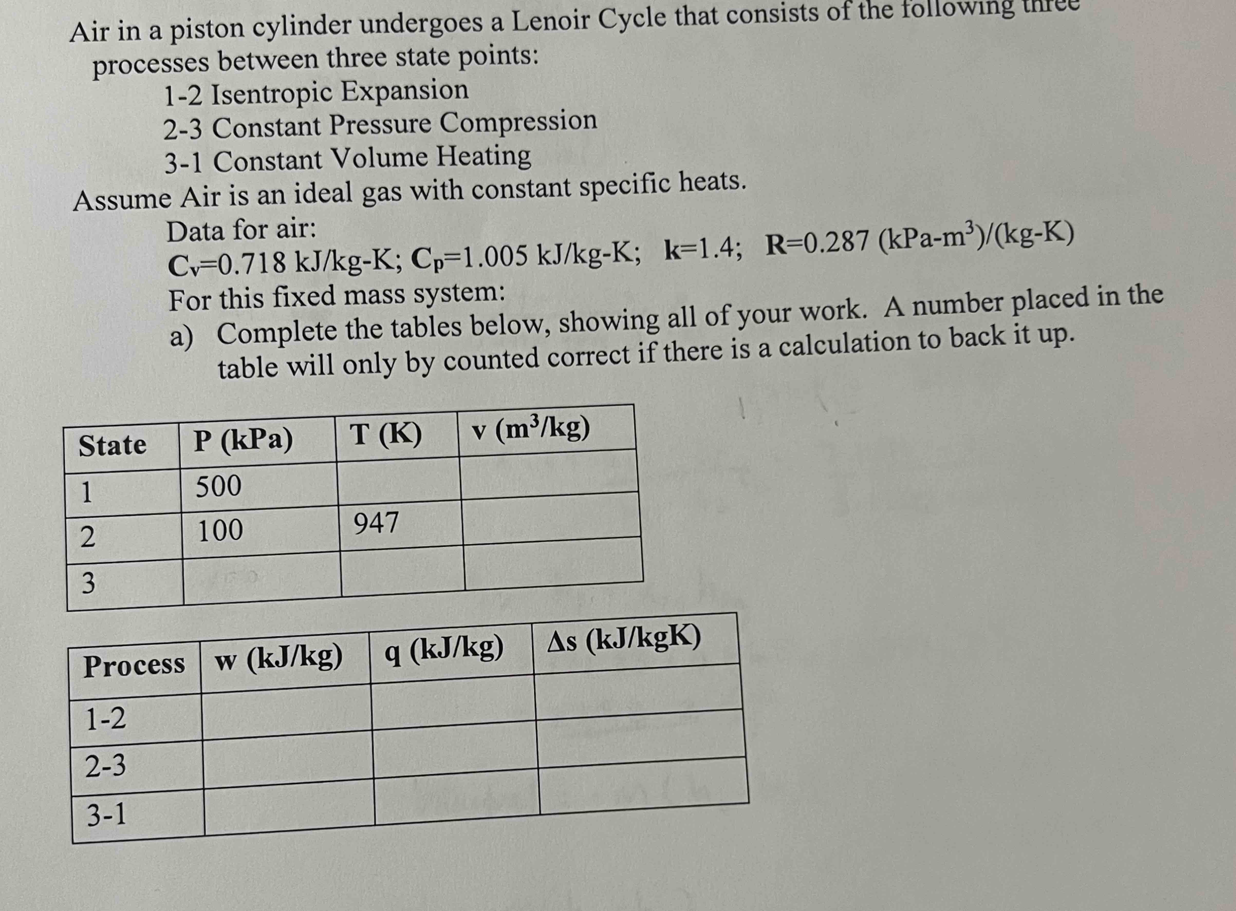 Solved Air in a piston cylinder undergoes a Lenoir Cycle | Chegg.com