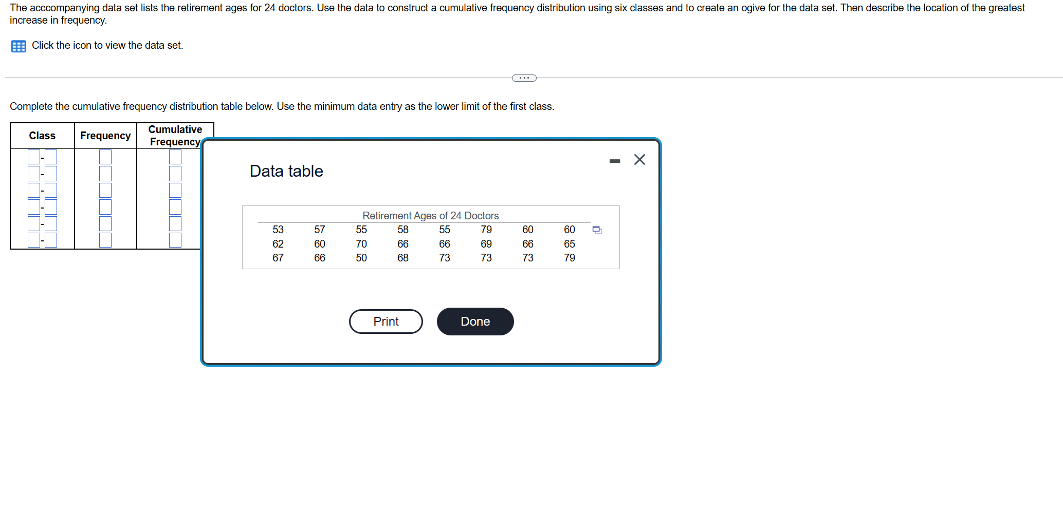 Solved The acccompanying data set lists the retirement ages | Chegg.com