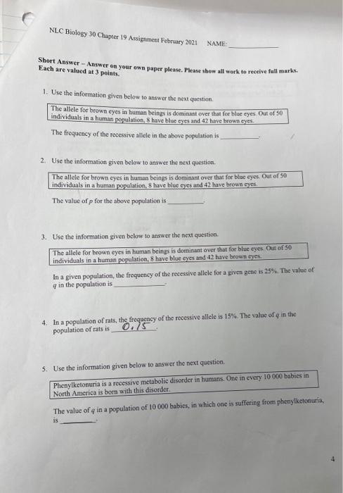 Solved NLC Biology 30 Chapter 19 Assignment February 2021 | Chegg.com