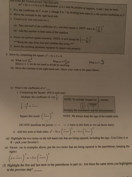 Solved NO BY COMPLETINO THE SQUARE: ar? +bx+c =0,00 | Chegg.com