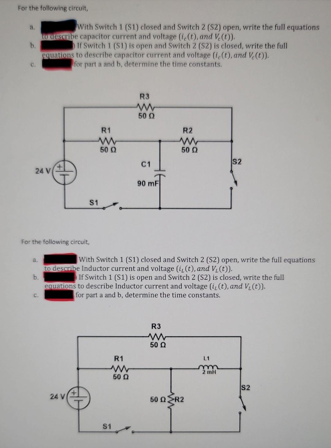 Solved For the following circuit, a. With Switch 1 (S1) | Chegg.com