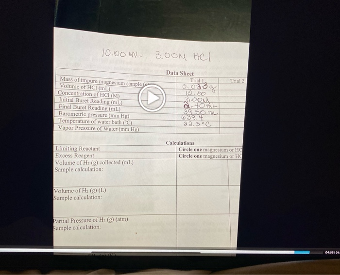 Solved 10.00ML 3.00M HCl Data Sheet Trial 0.030 Mass of | Chegg.com